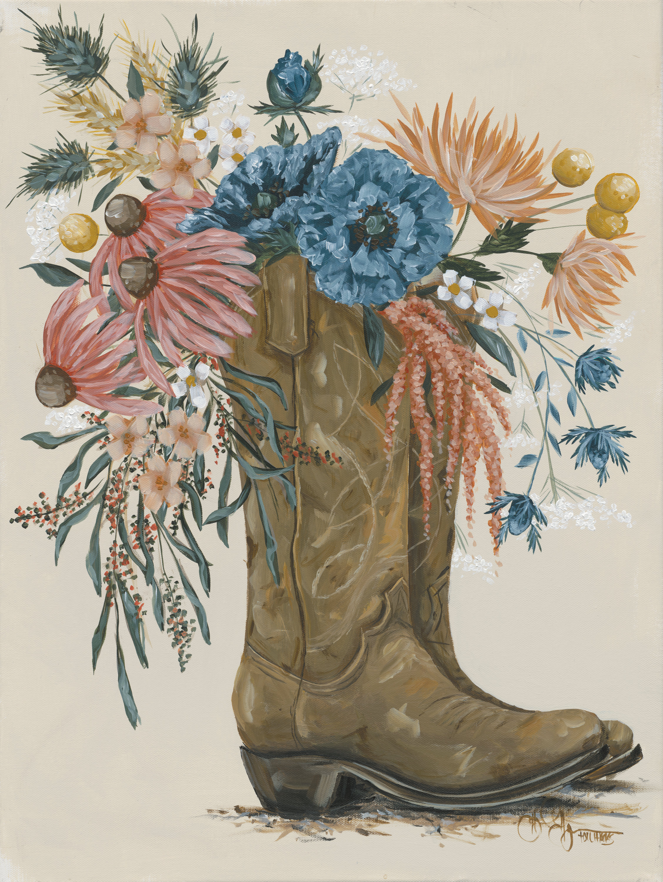 Rosalind Wheeler Ramola Wildflower Cowgirl Boots II On Canvas by Hollihocks Art Print | Wayfair